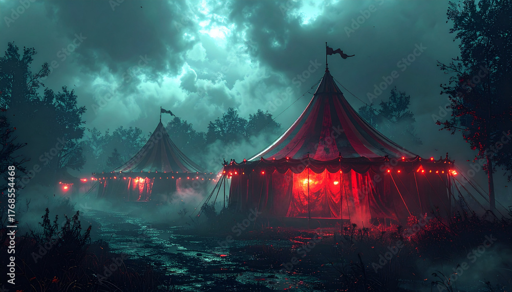 Eerie circus tents glow red in the misty forest at night, perfect for ...