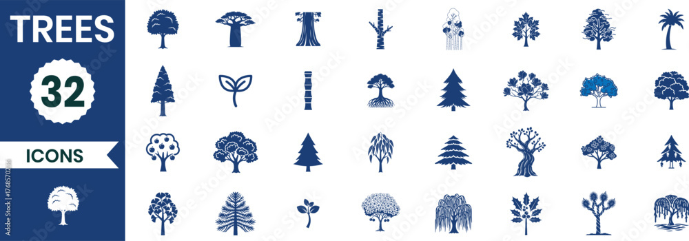 Collection of thirty two diverse blue tree icons representing various ...