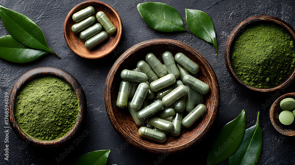 Bird's eye view of natural herbal capsules derived from plant foliage ...