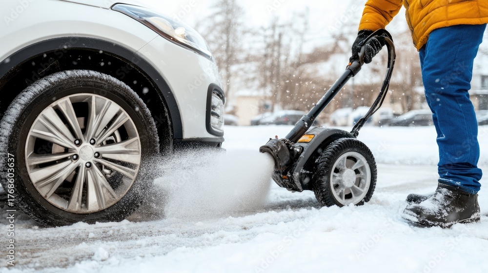 A man operates a snow blower to remove deep snow from cars and a ...
