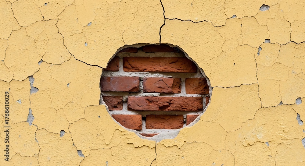 Exposed Brick - A Hole in a Cracked Yellow Wall. Stock Photo | Adobe Stock