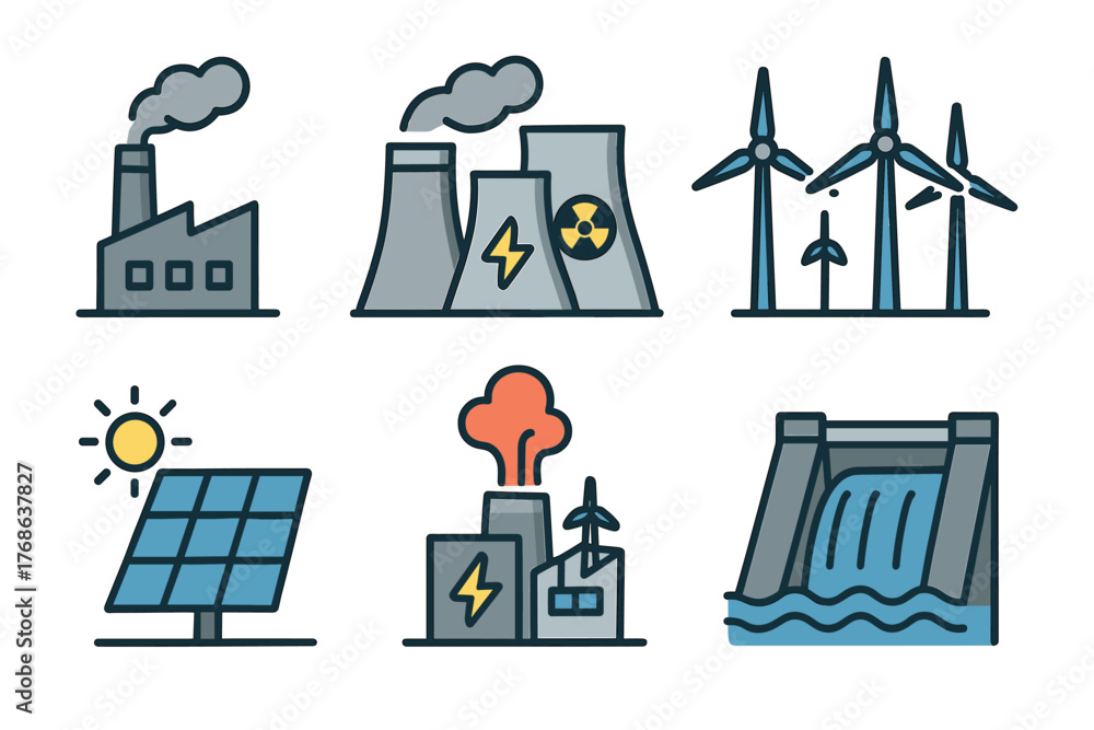 Illustrated icons of diverse energy sources including factories, wind ...