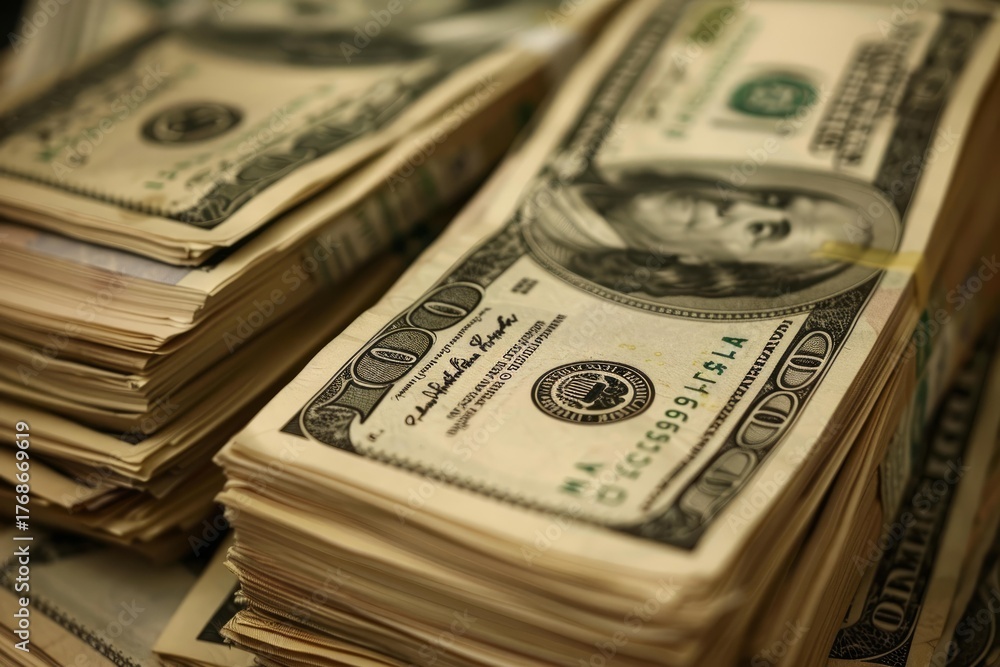 Multiple stacks of one hundred dollar bills create a background of ...