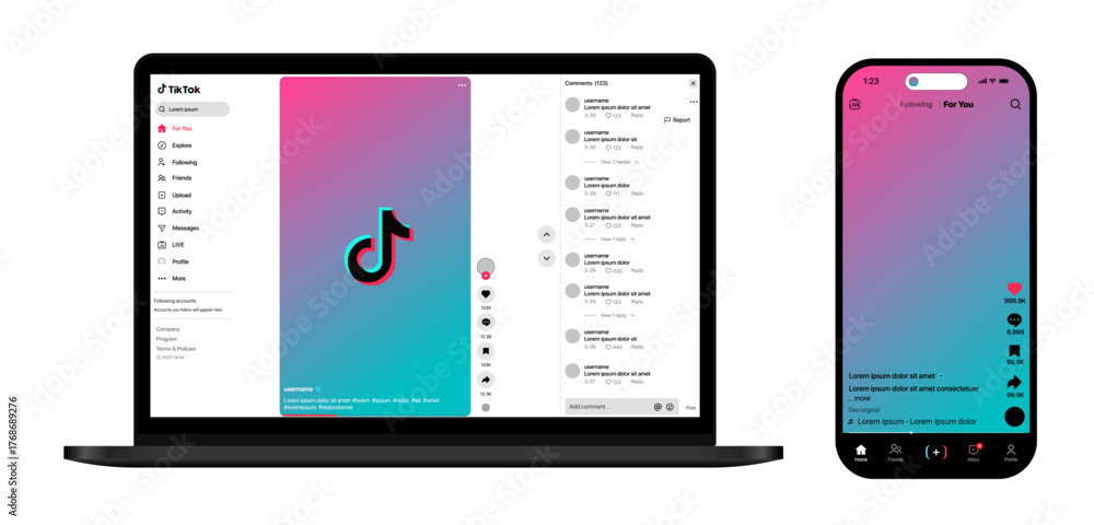 TikTok UI Mockup Template with Feed, Reels, Shorts, Profile, Explore ...