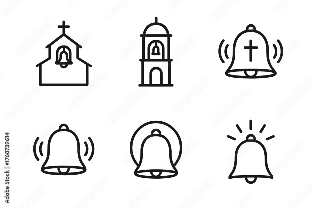 Church and bell icon set: simple line art of christian symbols Stock ...