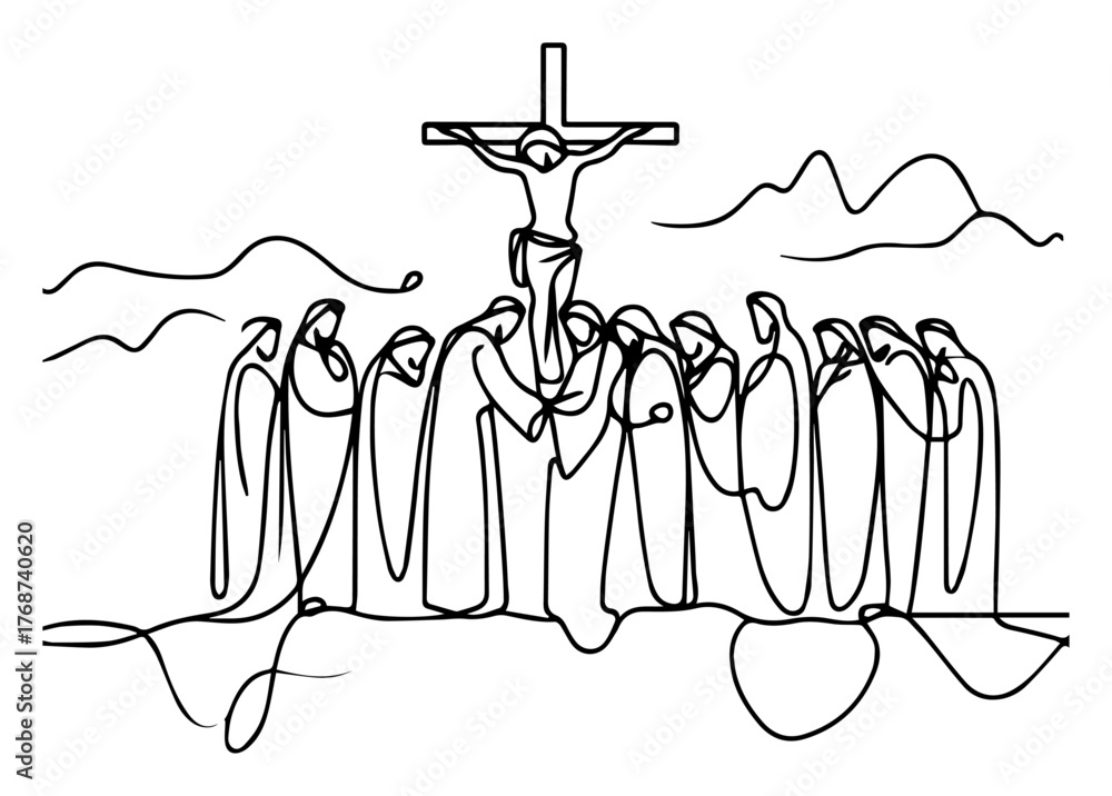 Crucifixion scene, Jesus on cross with gathered apostles, expressive ...
