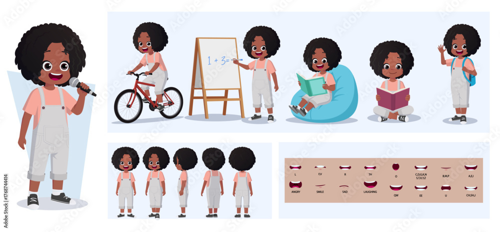 Cartoon Little Black Girl Character Creation with Gestures, Emotions ...