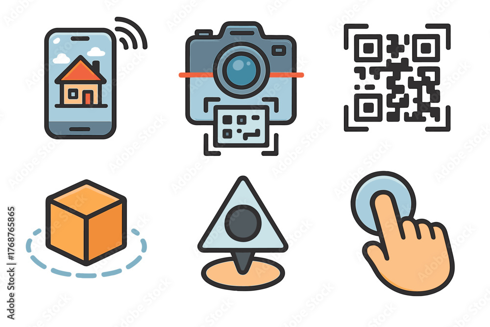 Augmented reality and smart device icons: qr code, camera, touch ...