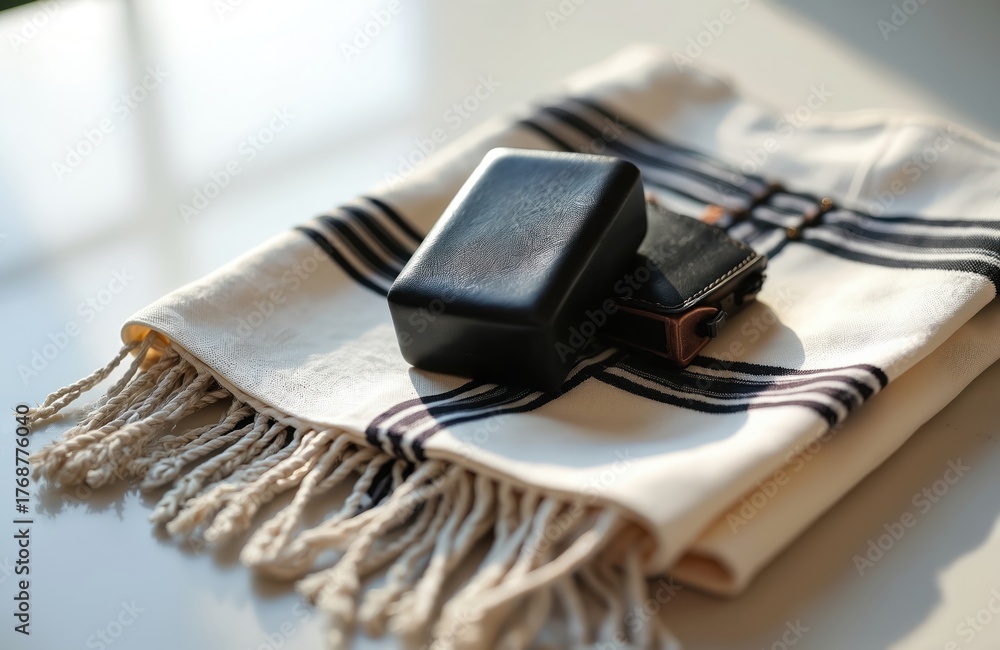 Photo Stock Close up photo shows Jewish religious items. Tefillin sits ...