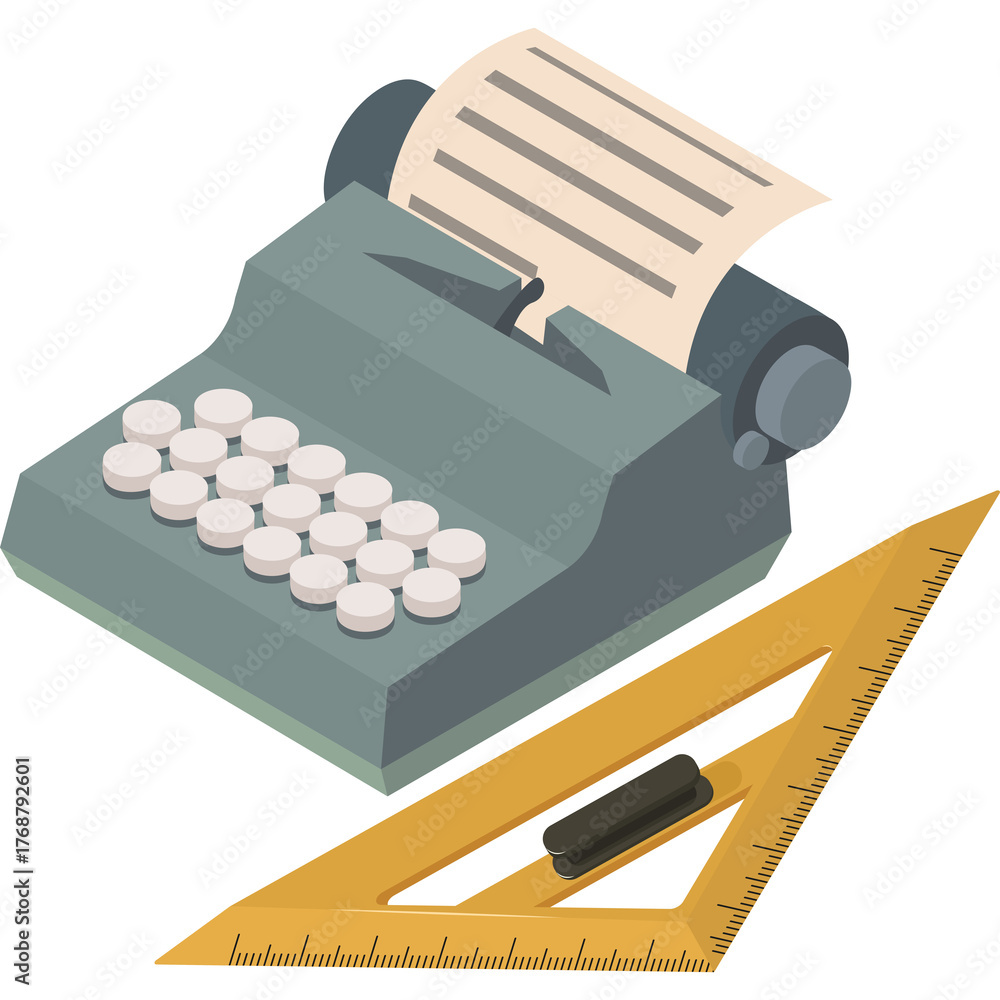 Vintage Typewriter And Drafting Triangle Ruler On White Background With ...