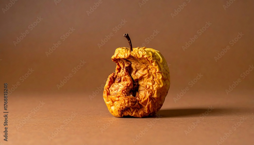 Desolate withered fruit, stark symbol of scarcity on a simple brown ...