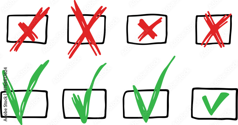 Sketch-style red X and green V check marks, combined with a grunge ...