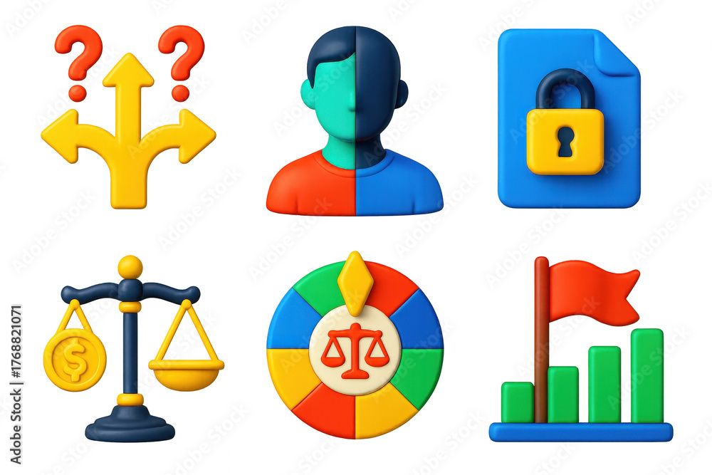 Ethical Dilemma Icons. 3D icon set of moral dilemma symbols: forked ...