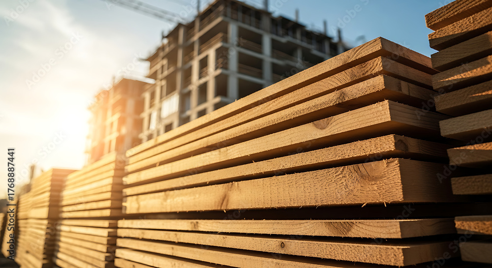 Construction site timber wood boards, wooden planks building materials ...