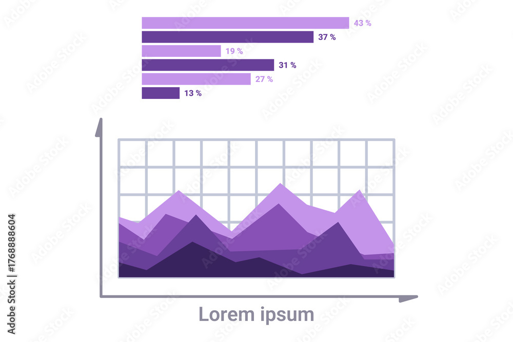 Infographic showing different data sets with purple bars and line ...