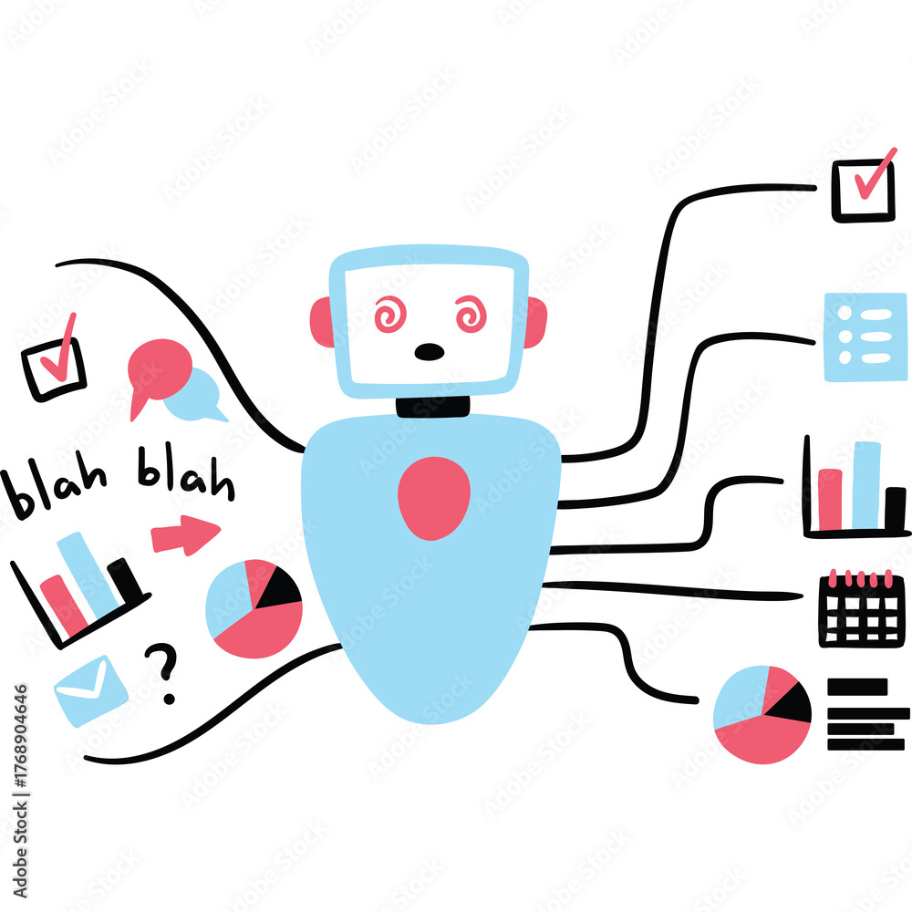 Cartoon Robot With Dizzy Eyes Connected To Various Business Charts And ...