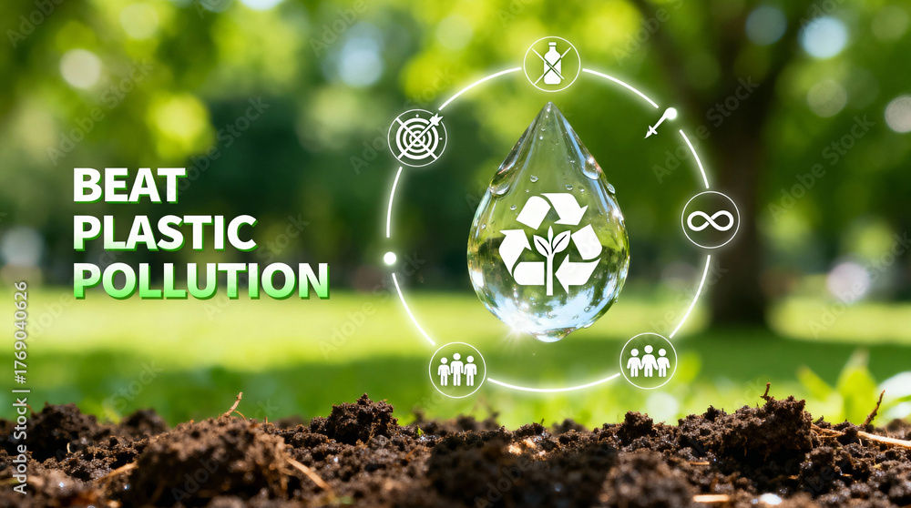 Beat Plastic Pollution Concept - Water Drop with Recycle Symbol on ...