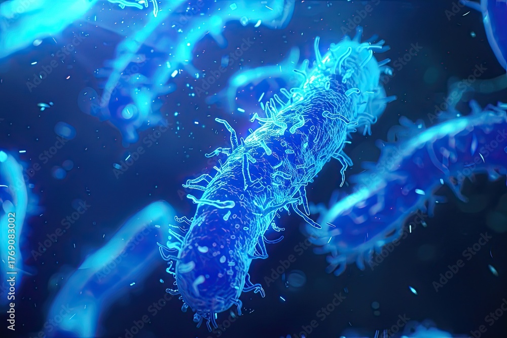 Stock-Foto „Glowing bacteria under blue light seen through electron ...