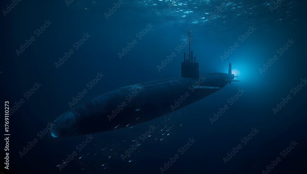 Large submarine submerged under the deep ocean, illuminated by blue ...