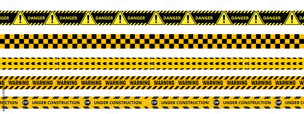 Yellow and black danger tape set with skull symbols for safety hazard ...
