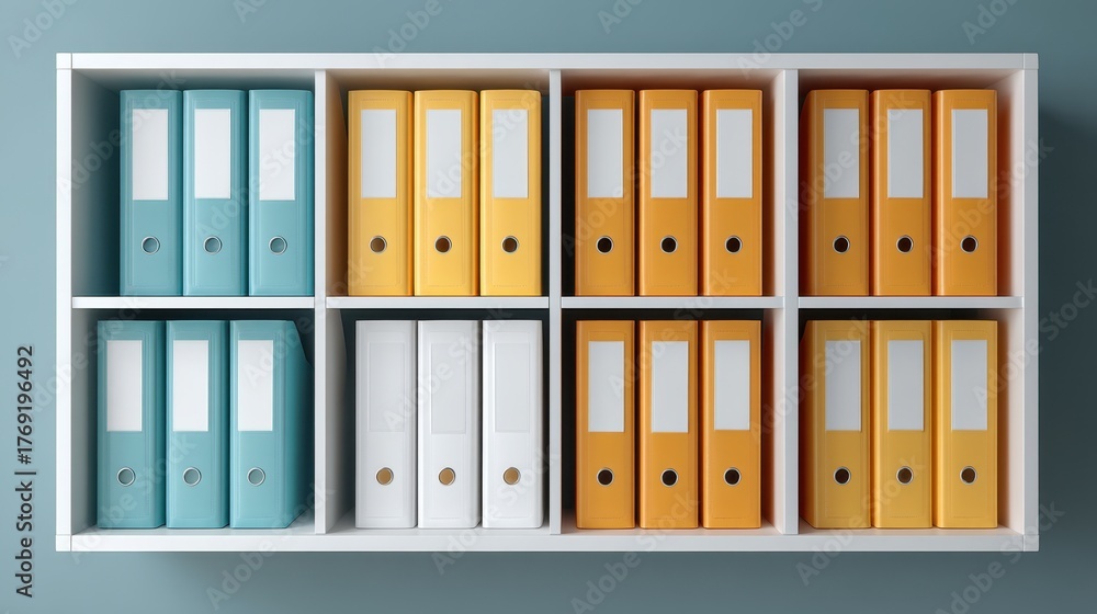 Organized Office Shelving Unit Displaying Color-Coded Folders with ...