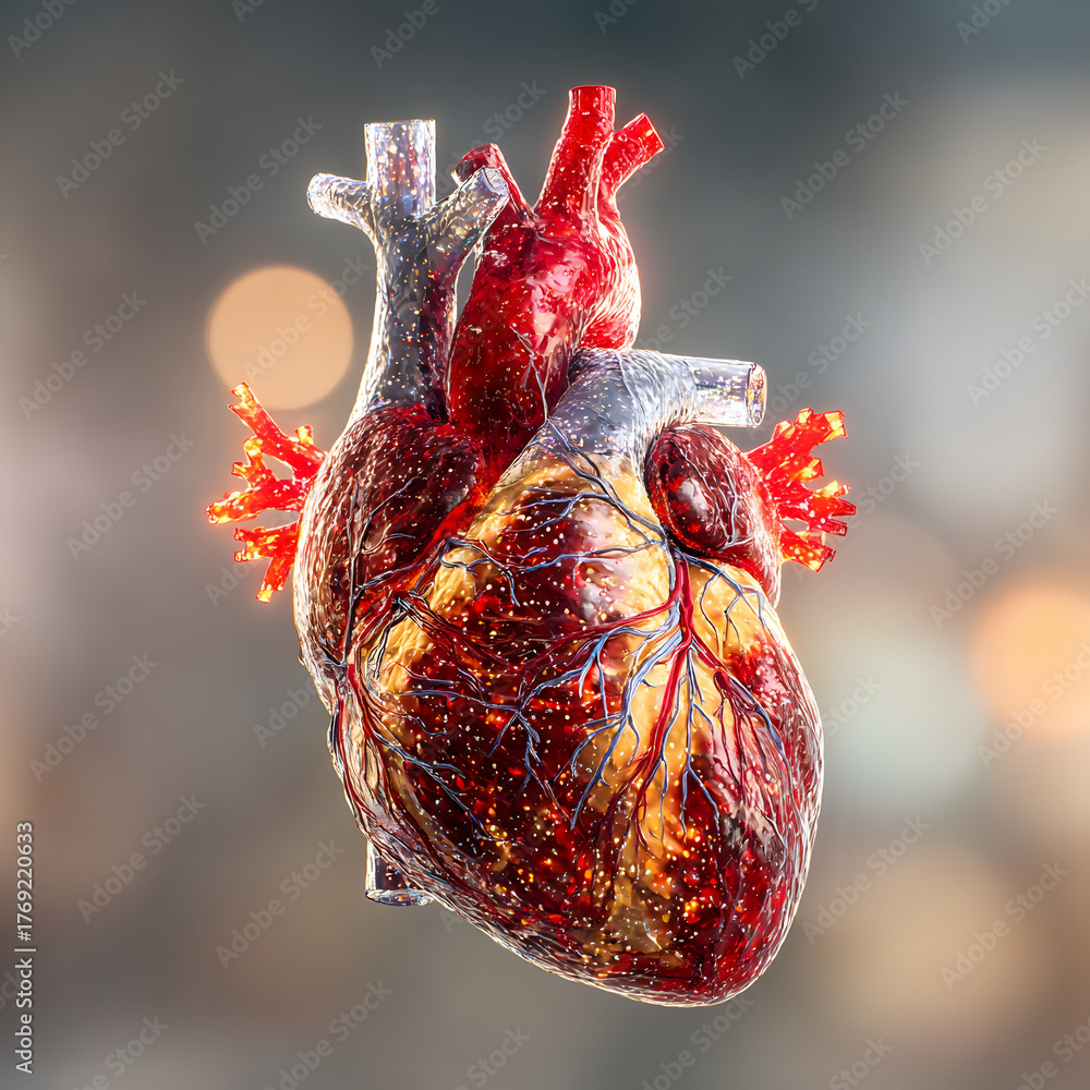 Detailed 3D medical illustration showing the human heart and lungs with ...
