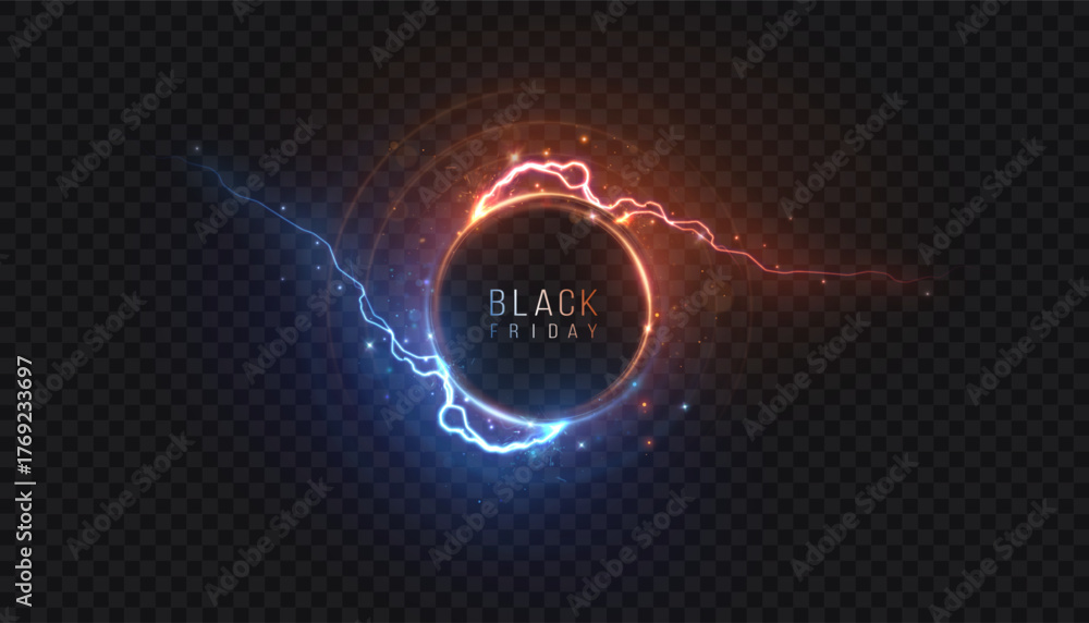 Electric circular ring with blue–orange lightning around a dark center ...