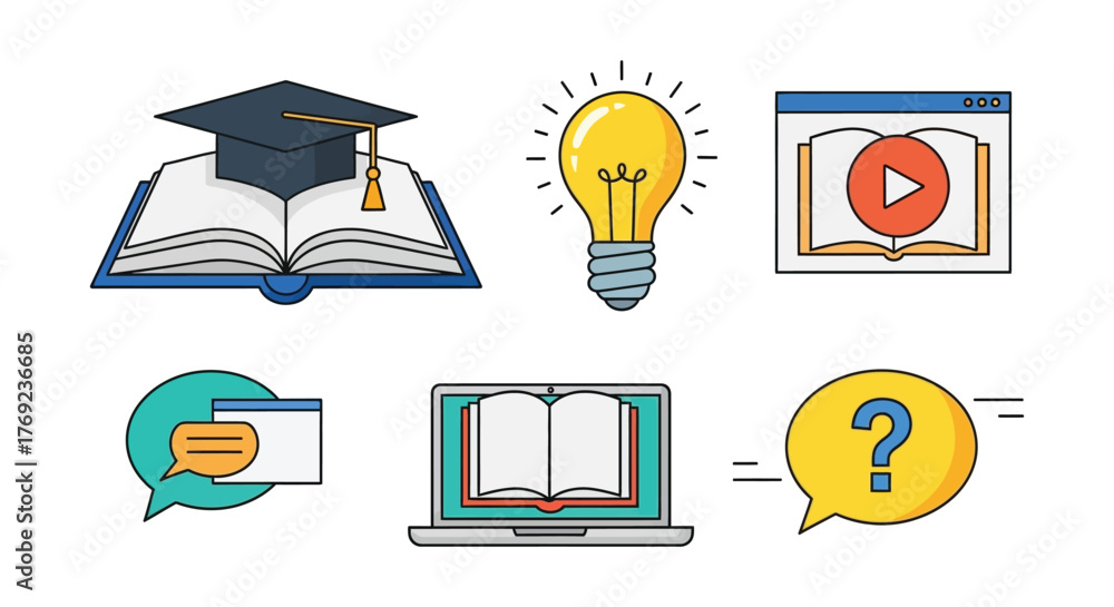 Digital learning and knowledge acquisition icons, symbolizing education ...