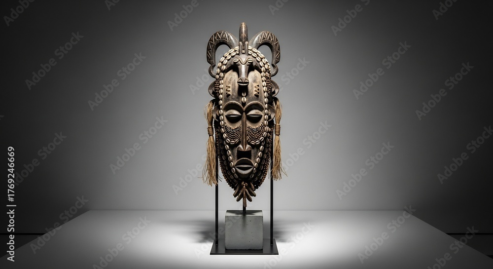 Illustration Stock Elaborate darktoned African mask with ram horns ...