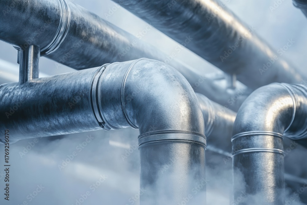 Graphic layouts showcasing steel pipes in a factory setting with smoke ...