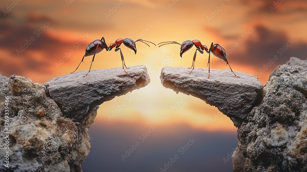 Ants collectively building bridges, demonstrating teamwork spirit ...