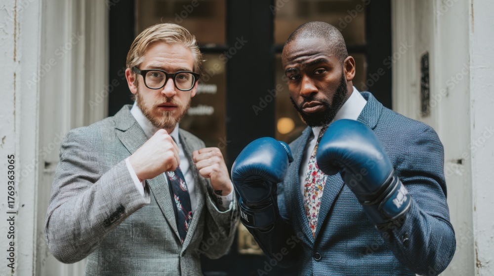 Photo Stock Two men in suits face off with boxing gloves. They appear ...