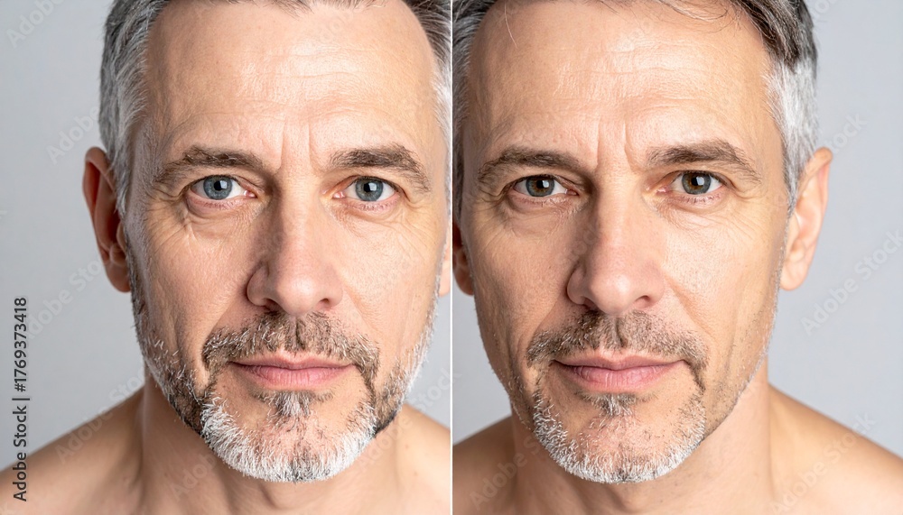 Photo Stock before and after of 50s man face with wrinkles, eye bags ...