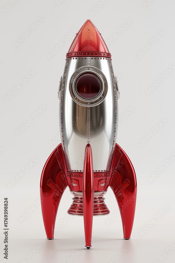 Shiny red and silver rocket ship ready for blastoff, a symbol of ...