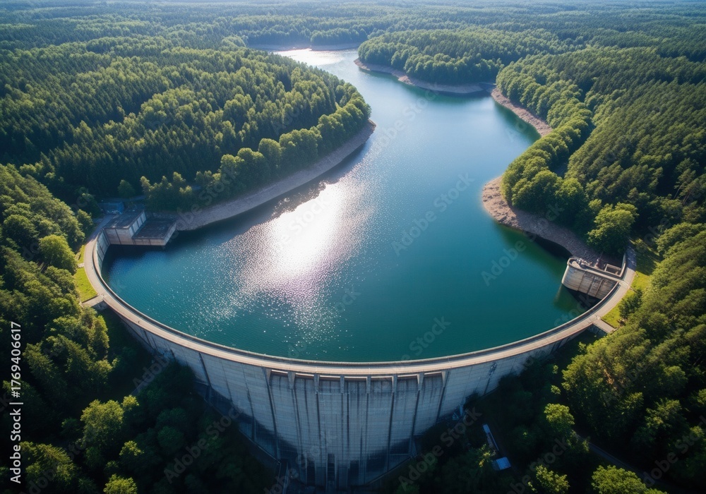 Aerial top view of a large concrete arch dam and blue water reservoir ...