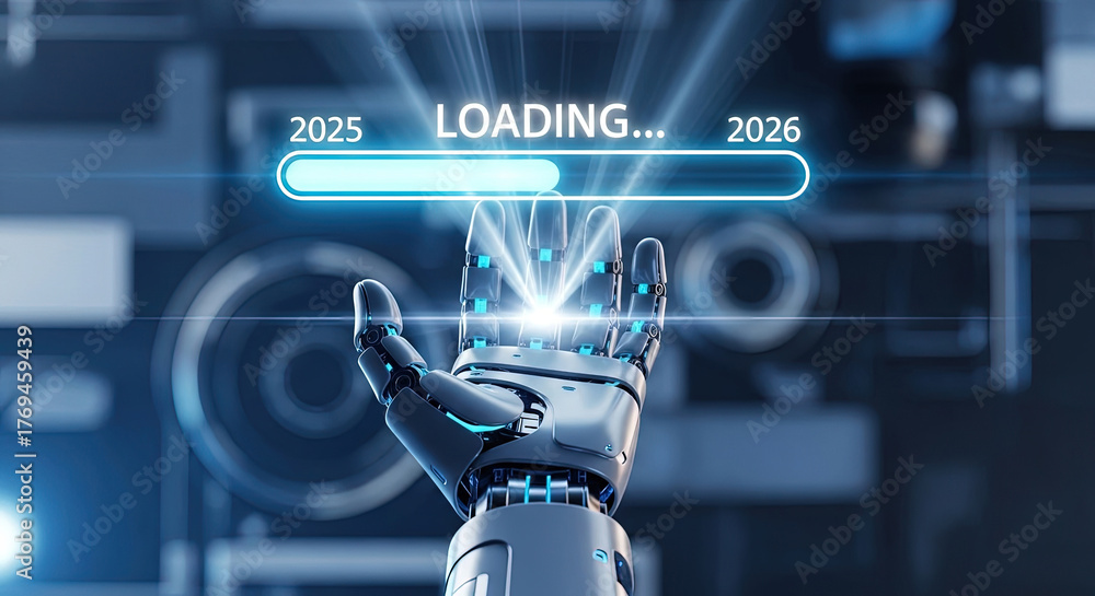 Fotografie AI Innovation: Robot Hand Loading 2026 - Futuristic Technology, Artificial ...