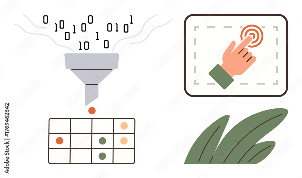 Binary digits funnel into organized grids, a hand interacts on a ...