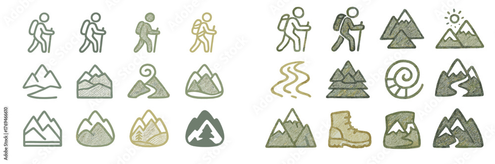 Hiking symbols and mountain graphics for outdoor enthusiasts ...