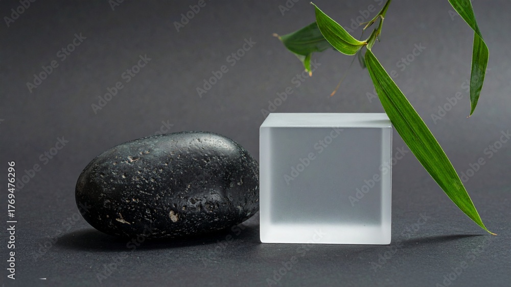 Modern lifestyle of a porous black basalt stone beside a frosted glass ...