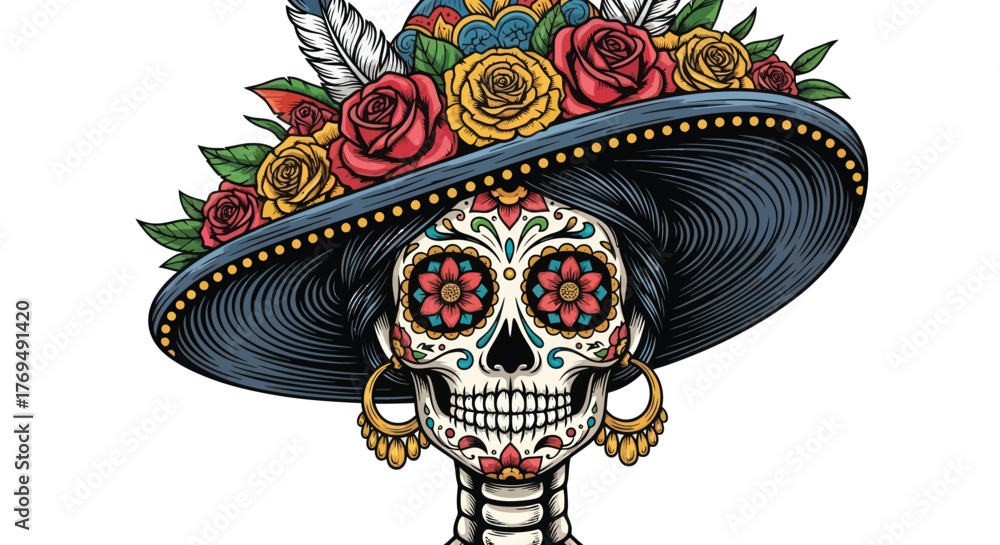 Stunning La Catrina with sugar skull face paint wearing vibrant roses ...