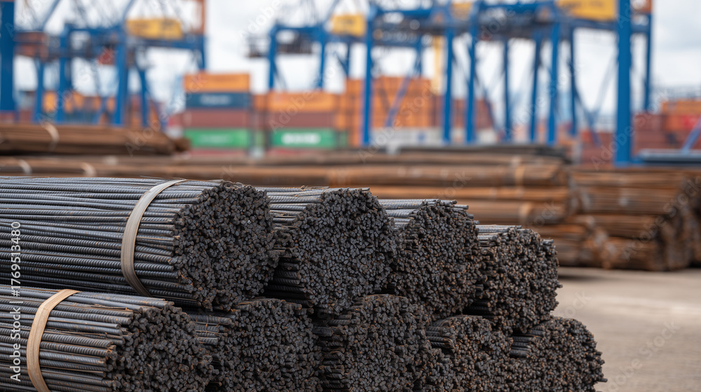 Wide close-up of steel rods arranged in bundles, ribbed patterns ...