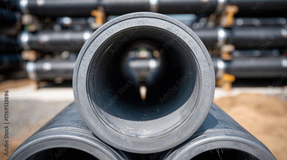 Close-up perspective of gray PVC pipes, ends visible with smooth ...