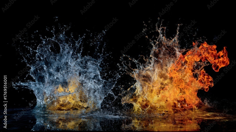 Splash of water colliding with burst of fire, frozen in motion, black ...