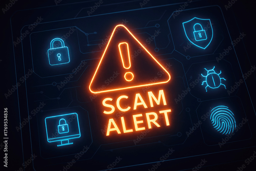 Digital scam alert interface with warning symbols and icons for ...