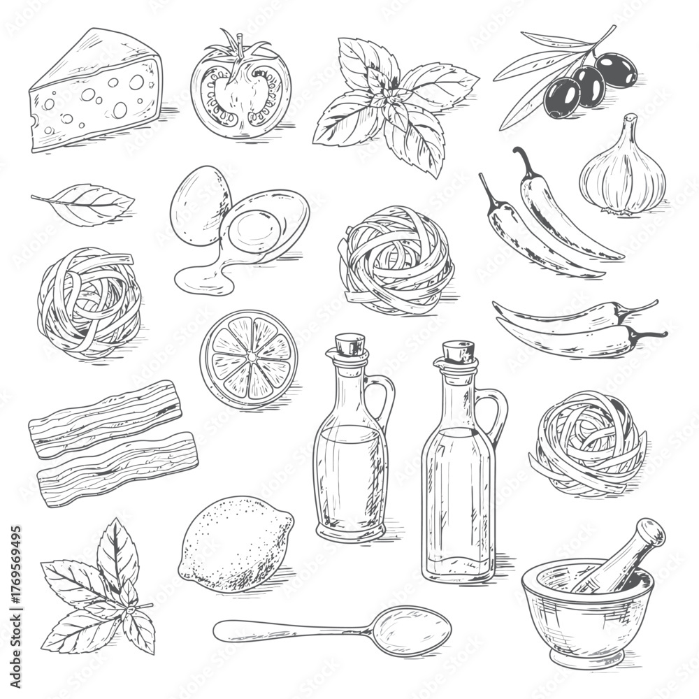 Hand drawn sketch of assorted fresh ingredients and cooking utensils ...