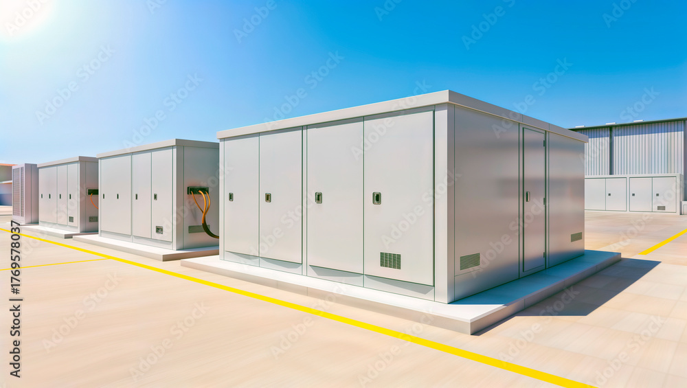 Row of battery energy storage systems at an outdoor power plant ...