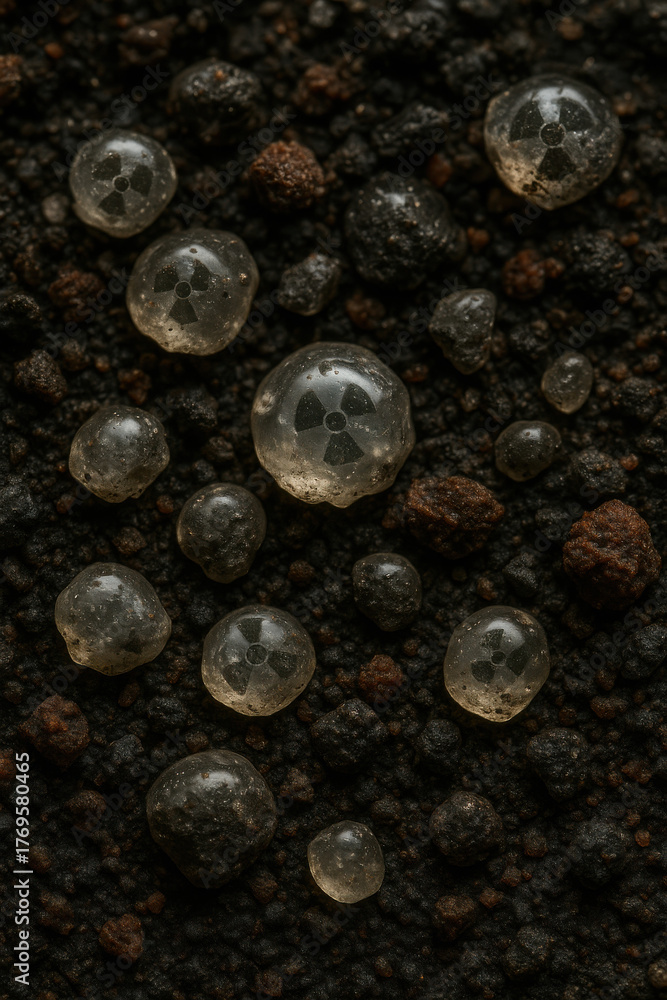 Soil condition after nuclear impact showing radiation symbols in ...