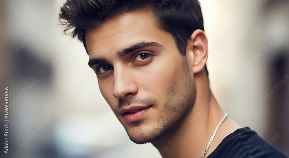 A close-up portrait shows a handsome young man with dark hair, brown ...