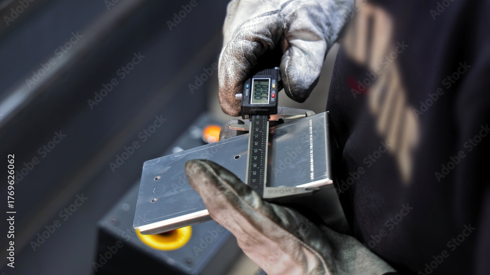 Precision measurement of metal part with caliper. Worker wearing gloves ...