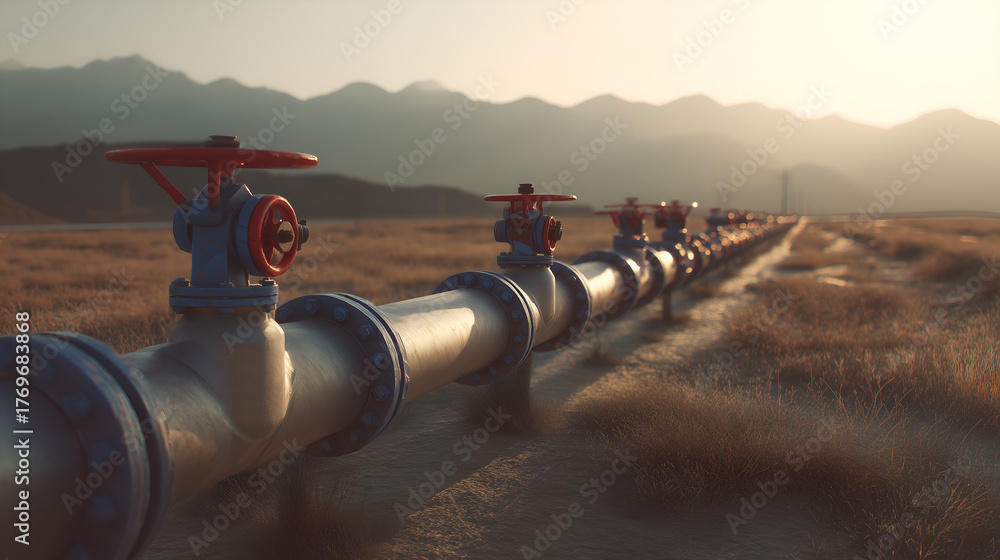 Metal pipeline with red-handled valves stretches across dry grassland ...